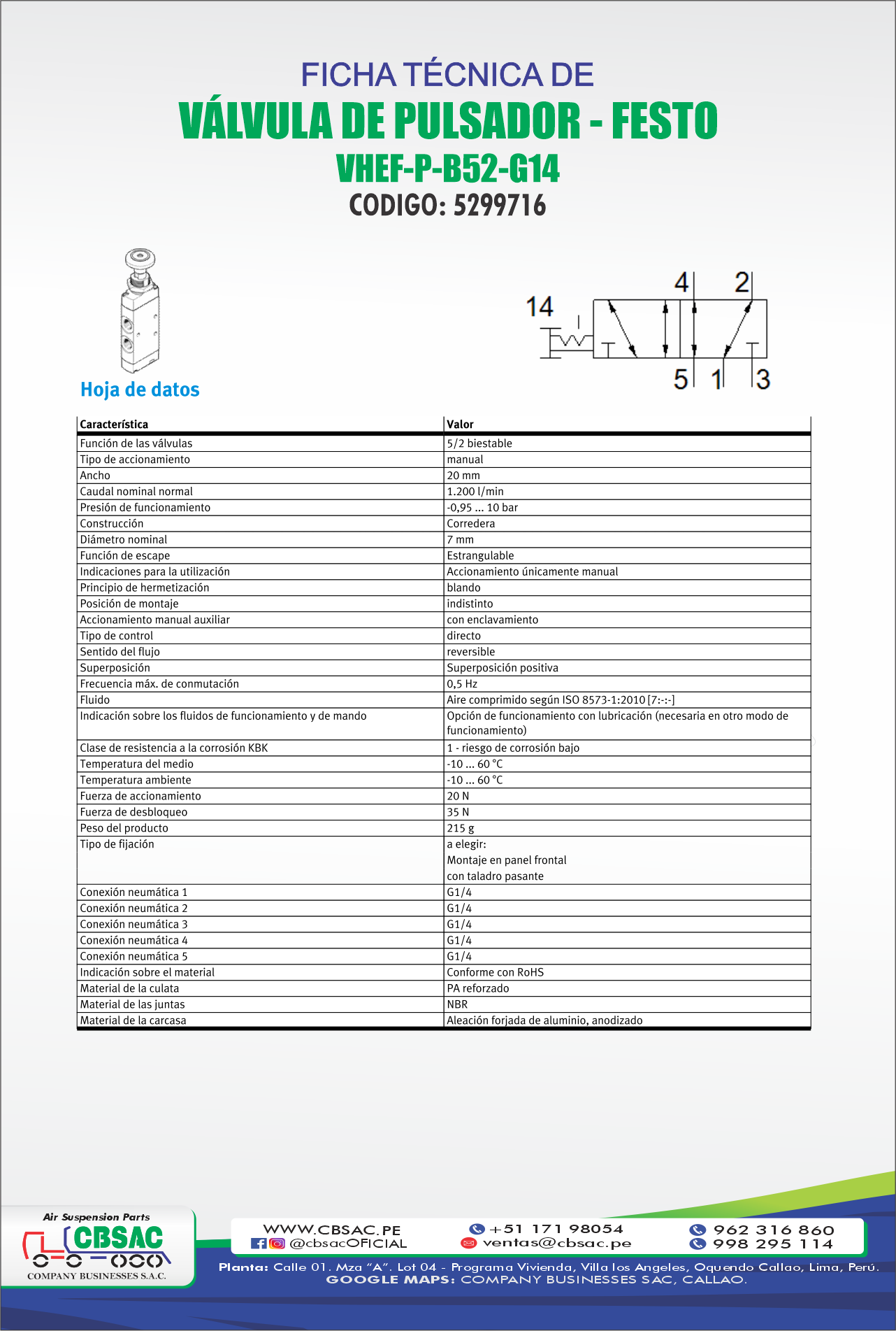 VÁLVULA PUSH PULL 5 VÍAS – MARCA FESTO – CBSAC